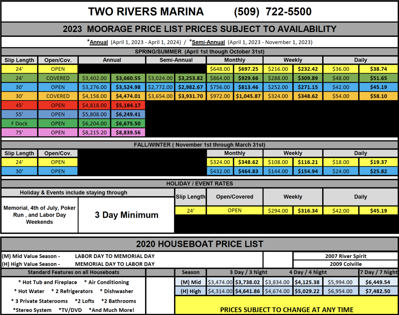 Marina Rates | Two Rivers Resort