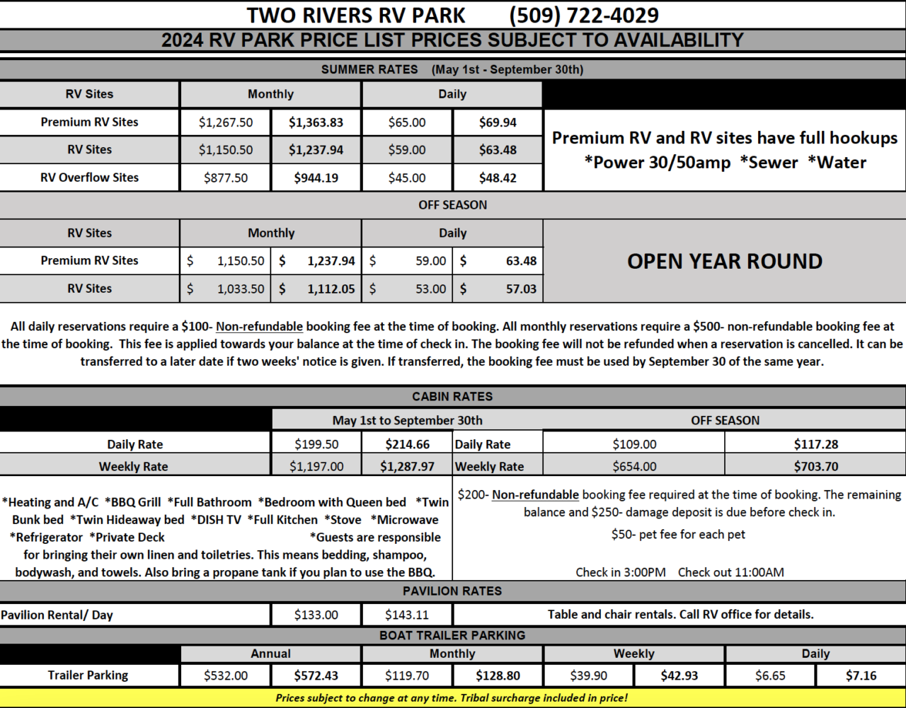 RV Park Rates | Two Rivers Resort
