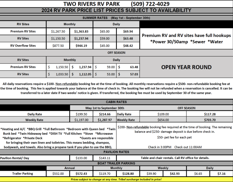 RV Park Rates | Two Rivers Resort
